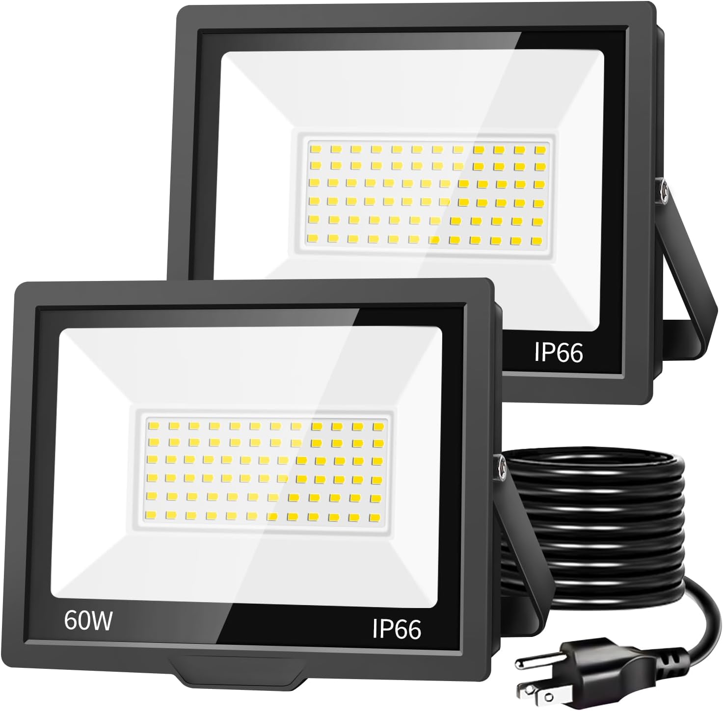 60W LED Flood Light Outdoor with 5FT US Plug, 7200LM Brighter Work ...