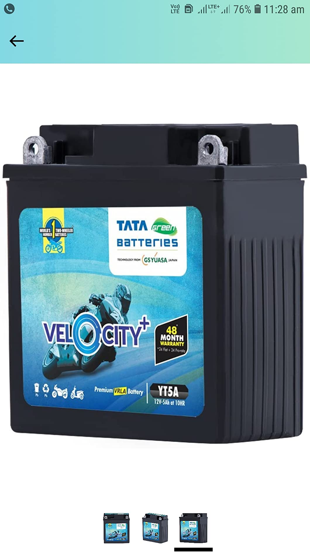 Tata Green Batteries 1419510999 Velocity Plus YT5A 12 Volts 5Ah ...