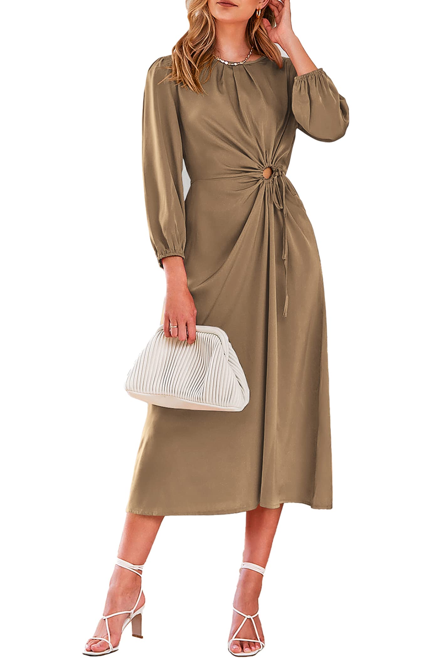 PRETTYGARDEN Women's 2024 Satin Maxi Dress Puff Long Sleeve Crewneck ...