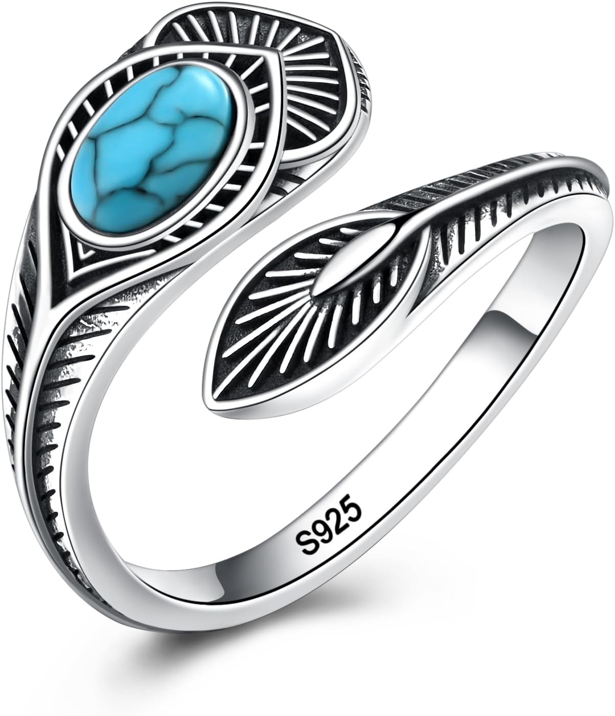ACJFA Turquoise Feather Rings - 925 Sterling Silver Antique Adjustable ...