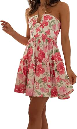 Amazon.com: Women Sexy Deep V Neck Y2K Mini Dress Boho Halter Backless ...