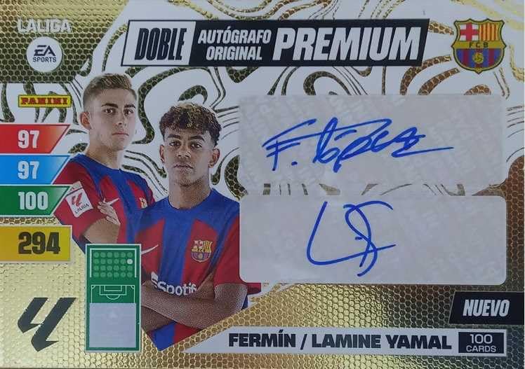 Panini DOBLE AUTOGRAFO ORIGINAL PREMIUM (Fermin-Lamine Yamal) Adrenalyn ...