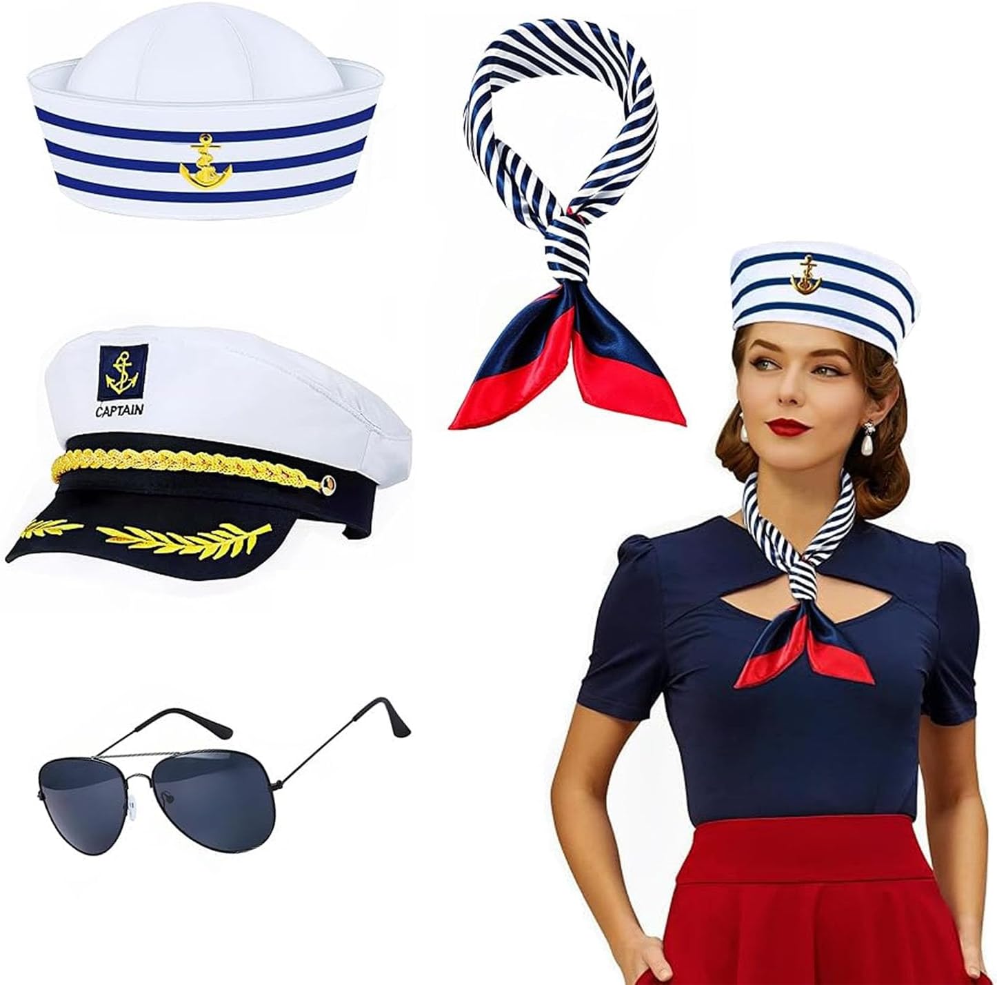 4 Pieces Captain Sailor Costume Set Adults Navy Cap Sailor Cap Yacht ...