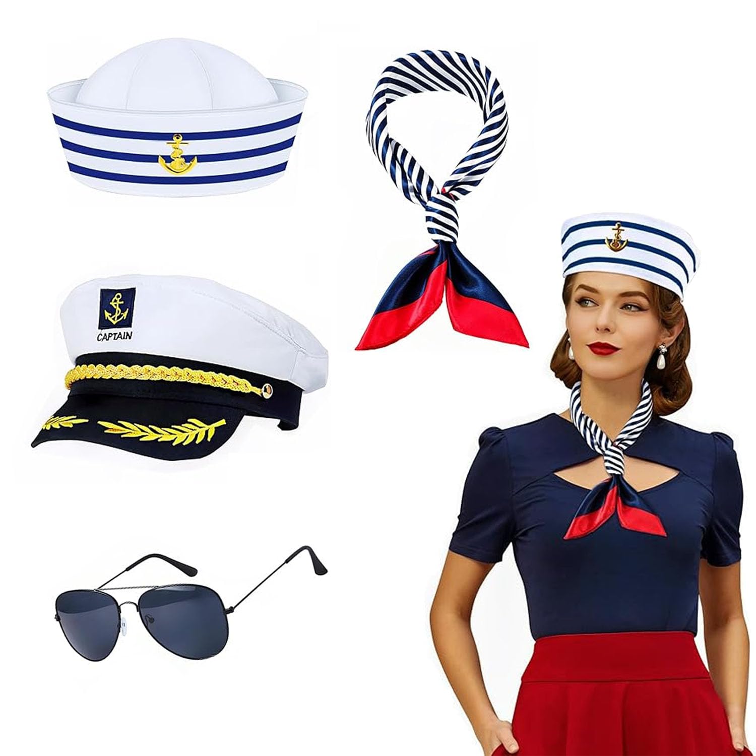 4 Pieces Captain Sailor Costume Set Adults Navy Cap Sailor Cap Yacht ...
