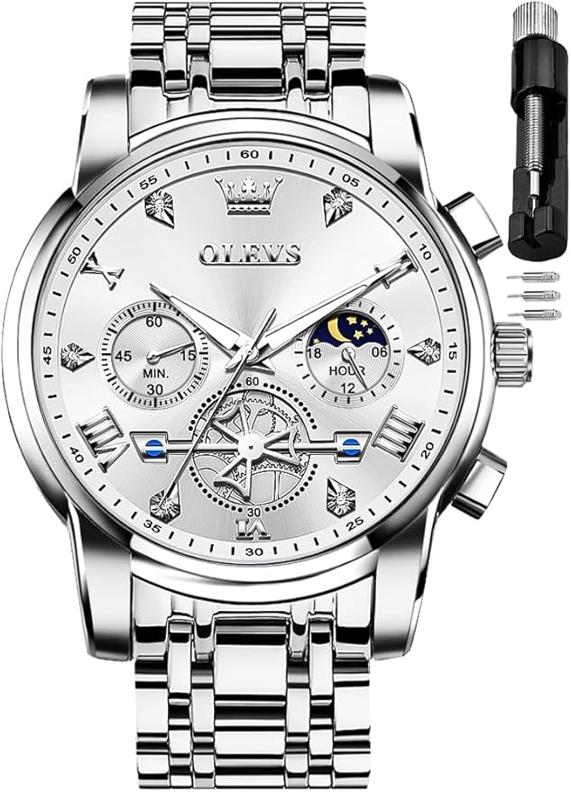 Amazon.com: OLEVS Silver Watch for Men Diamond Business Dress Moon ...