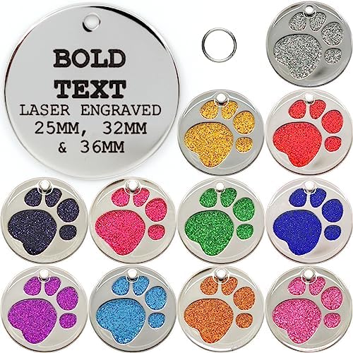 Personalised Engraved 32 & 36mm Glitter Paw Print Tag BOLD Contrasting ...