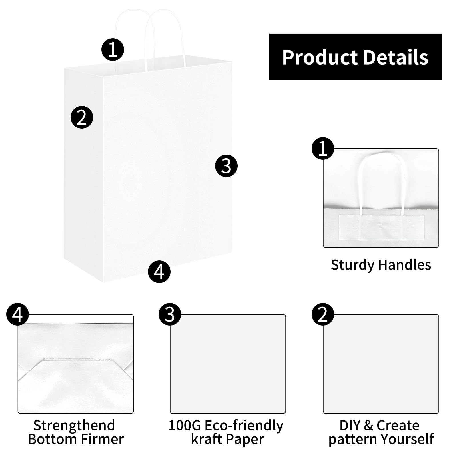 Snapklik.com : Oikss 50 Pack 10x5x13 White Kraft Paper Bags