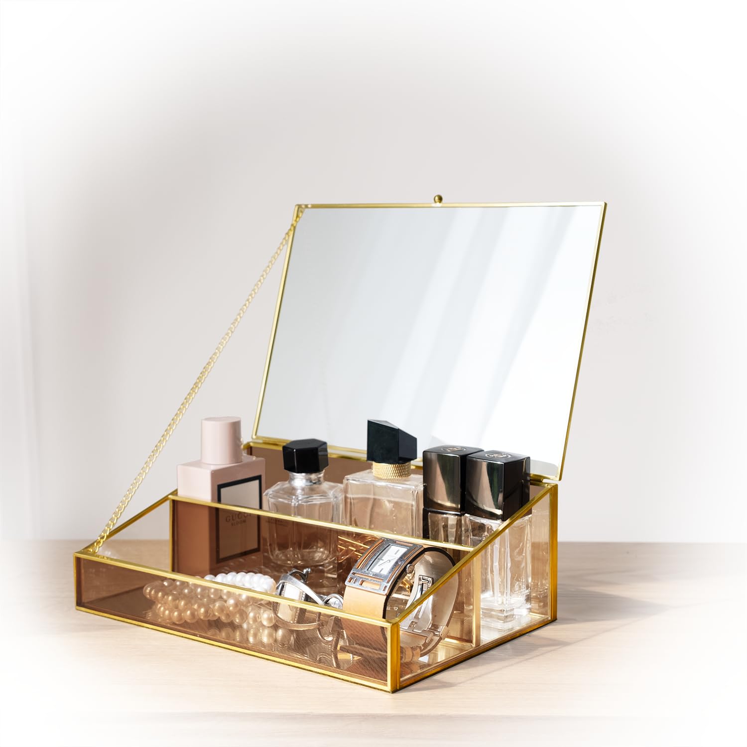 Amber Glass Display Storage Box, 2-Compartments Decorative Keepsake Box ...