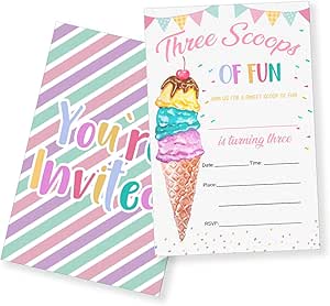 Amazon.com : Ice Cream 3rd Birthday Party Invitations With Envelopes Set of 20, Colorful Ice ...