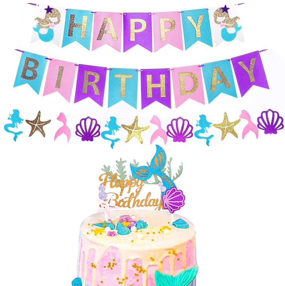 Buy Ocean Theme Cake Decorations,Mermaid Happy Birthday Banner,Under ...