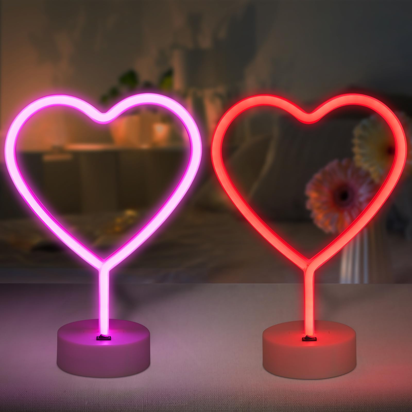 LED Heart Shaped Neon Night Lights Warm White Neon Lamp USB & Battery ...