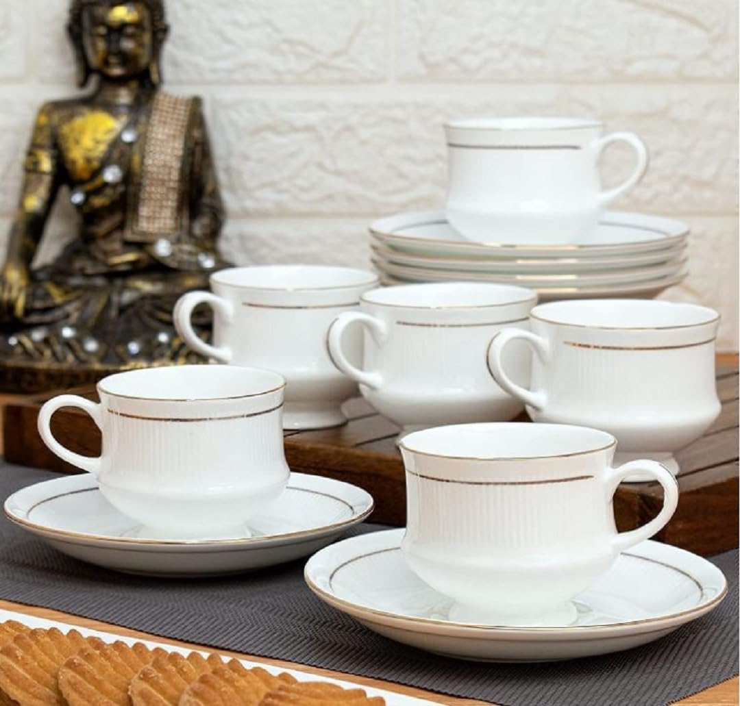 DREAM SHADES Bone China Gold Line Tea Cups with Saucers Set of 12 Pcs ...