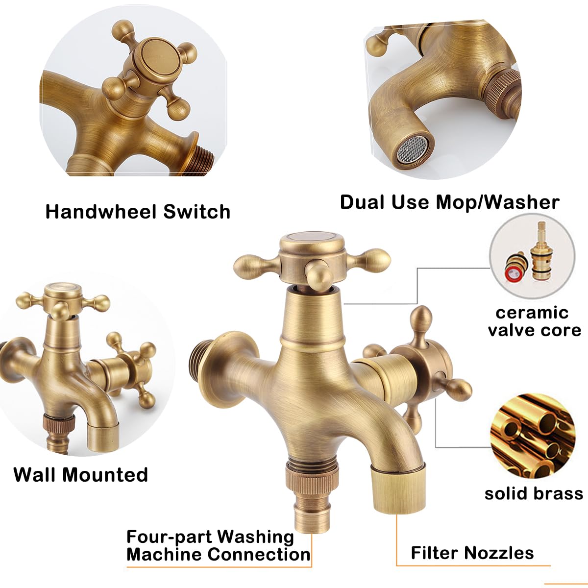 Brass Washing Machine Faucet G1/2″, Double Outdoor Tap, Solid Brass ...