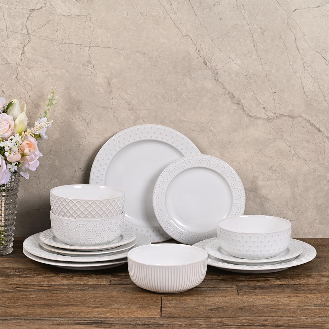 Amazon.com | 12-Piece Ceramic Dinnerware Set, 4 Dinner Plates, 4 Salad ...