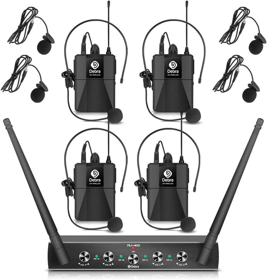 D Debra Pro UHF 4 Channel Wireless Microphone System with Cordless Handheld Lavalier Headset ...