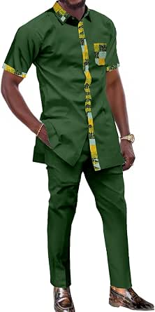 African Suit for Men Kente Pattern Patchwork Dashiki Top Shirt and ...
