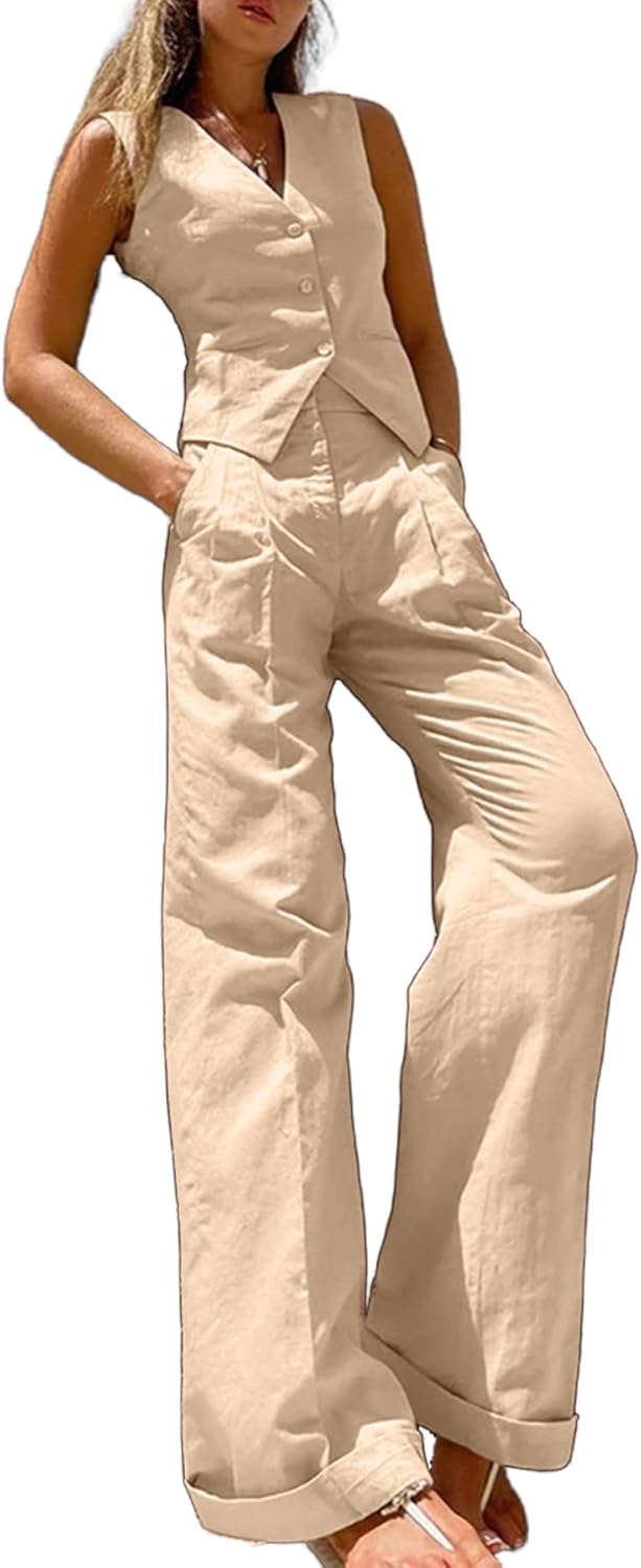 Vaceky Blazer Vest Slacks Women 2 Piece Outfit Breathable Lightweight ...