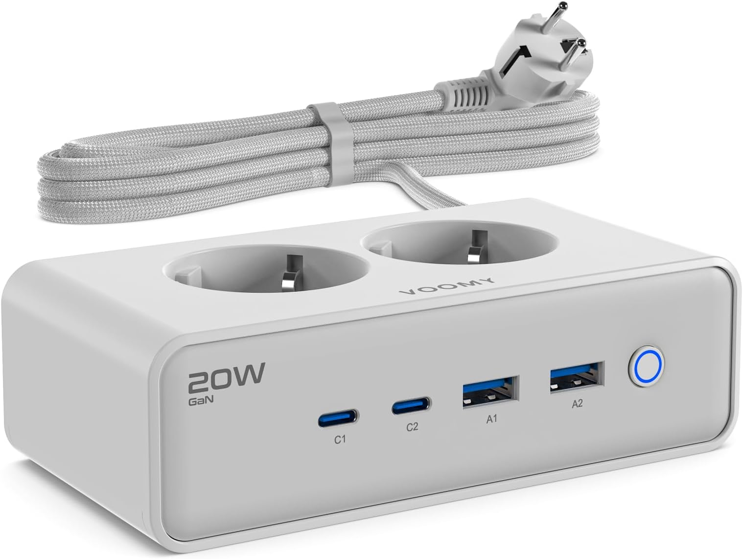 VOOMY Ciabatta Multipresa con 20W USB-C Carica Rapida, Presa Multipla Salvaspazio con 2 Spina AC ...