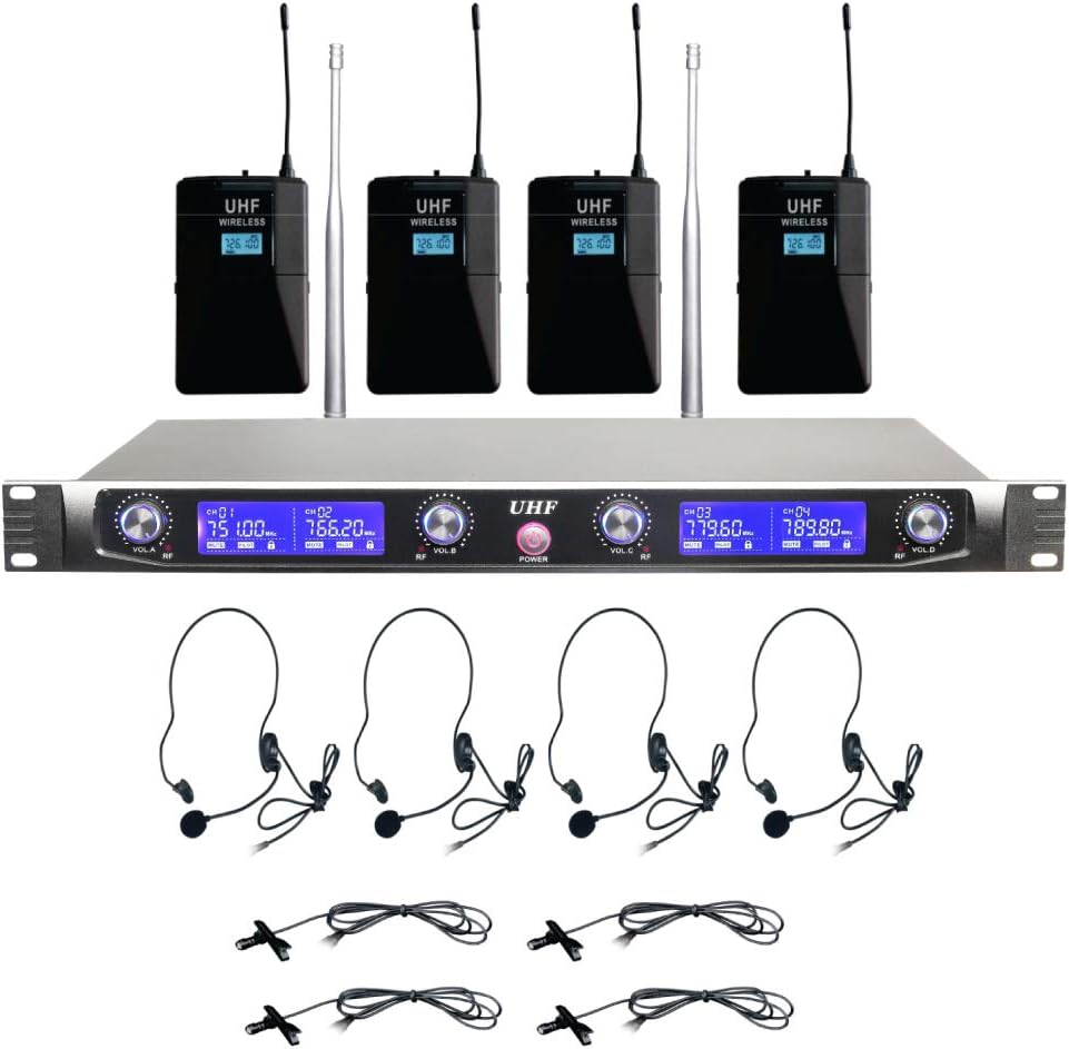 MX UHF 4 Channel Wireless Microphones - 4 Lapel Body Pack Transmitter ...