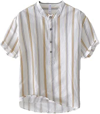 Amazon.com: Striped Short Sleeve Shirt for Men Summer Mandarin Collar ...