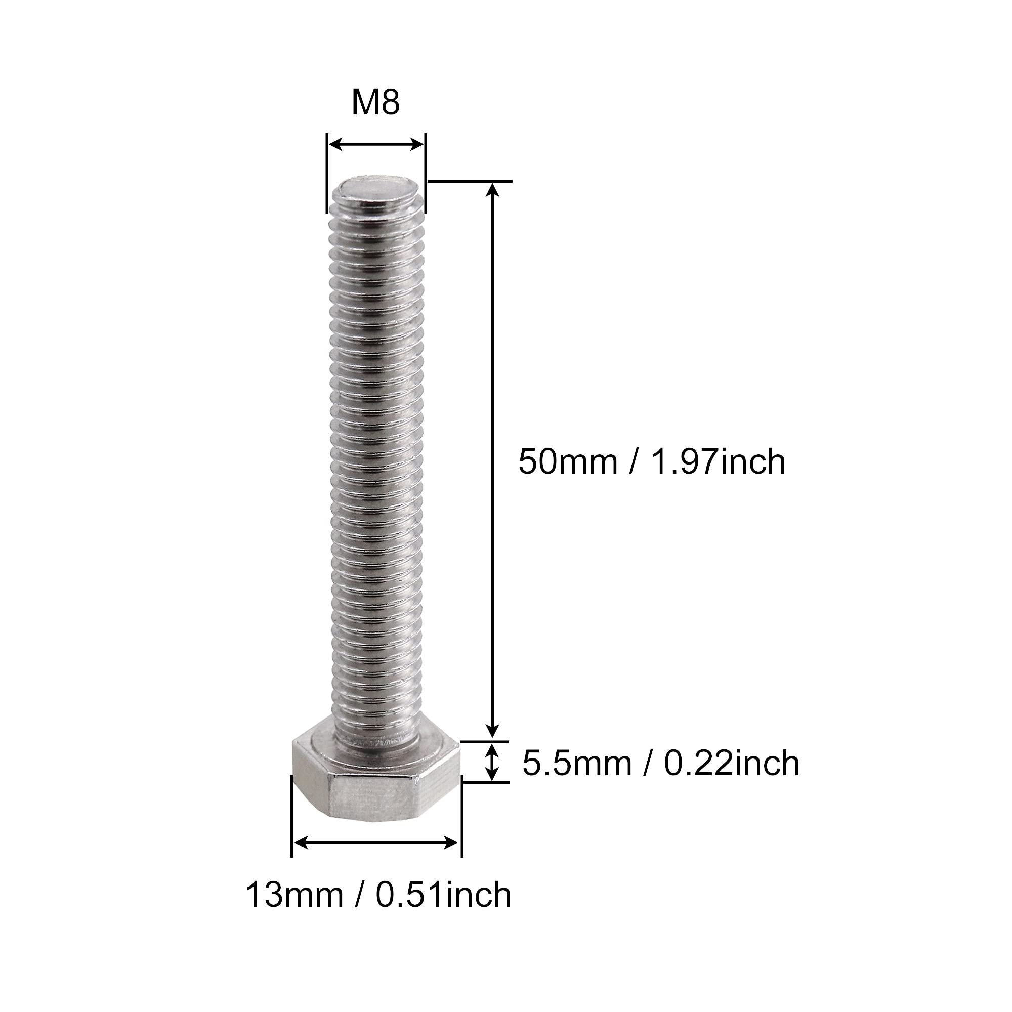 Snapklik.com : M8 Hex Head Bolt Screw, M8-1.25 X 50mm Stainless Steel 18-8 304 A2-70 Fully ...