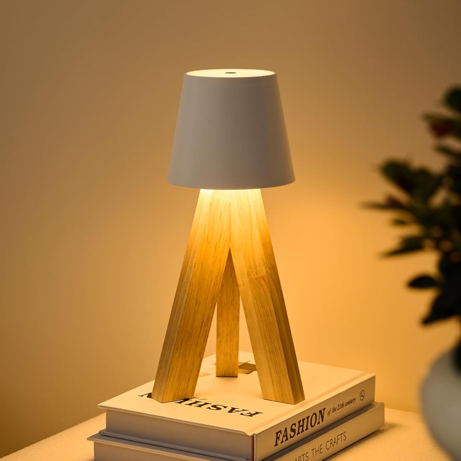 Lalavon Cordless Small Lamp, Portable Wood Tripod Table Lamp White ...