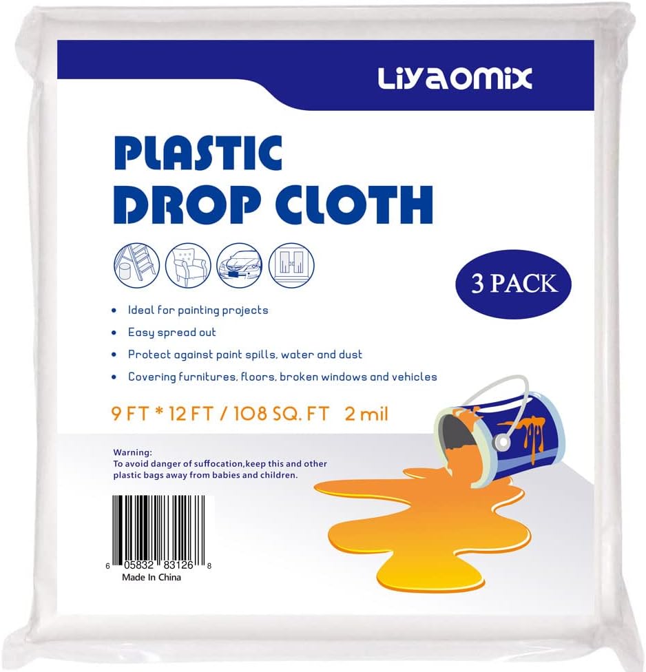Amazon.com: Liyaomix 3-Pack 2 Mil Plastic Drop Cloth 9ft x 12ft, Heavy ...