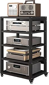 Hifi Audio Rack Cabinet with AV Shelf 5 Tier Heavy Duty Tower on Wheels ...