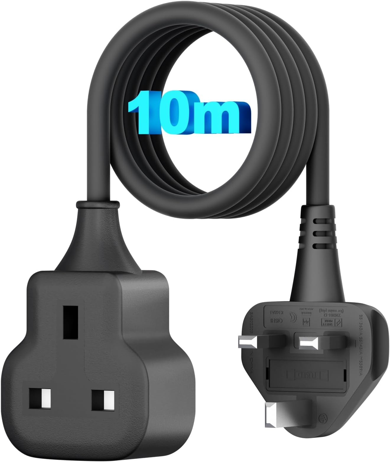 TISDLIP Long 10M 1 Way Extension Socket, Black Extension Lead, 13A ...