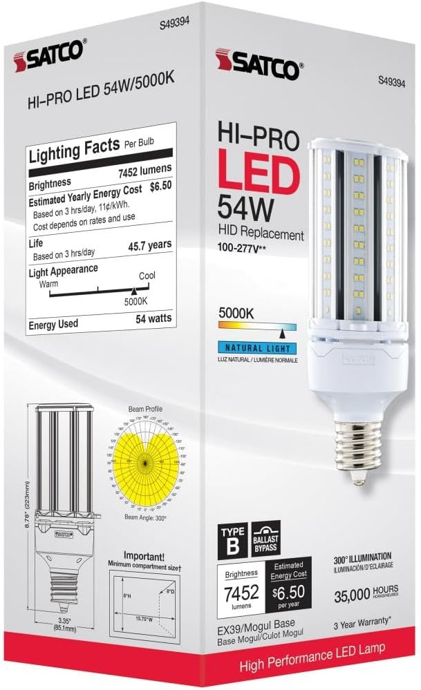 Satco S49394-54 Watt LED HID Replacement 5000K Extended Mogul Base Type ...