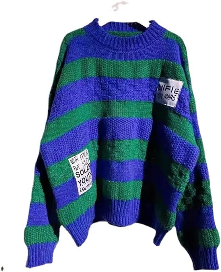 Amazon.com: MGWYE Blue and Green Striped Sweater Coarse Wool Retro ...