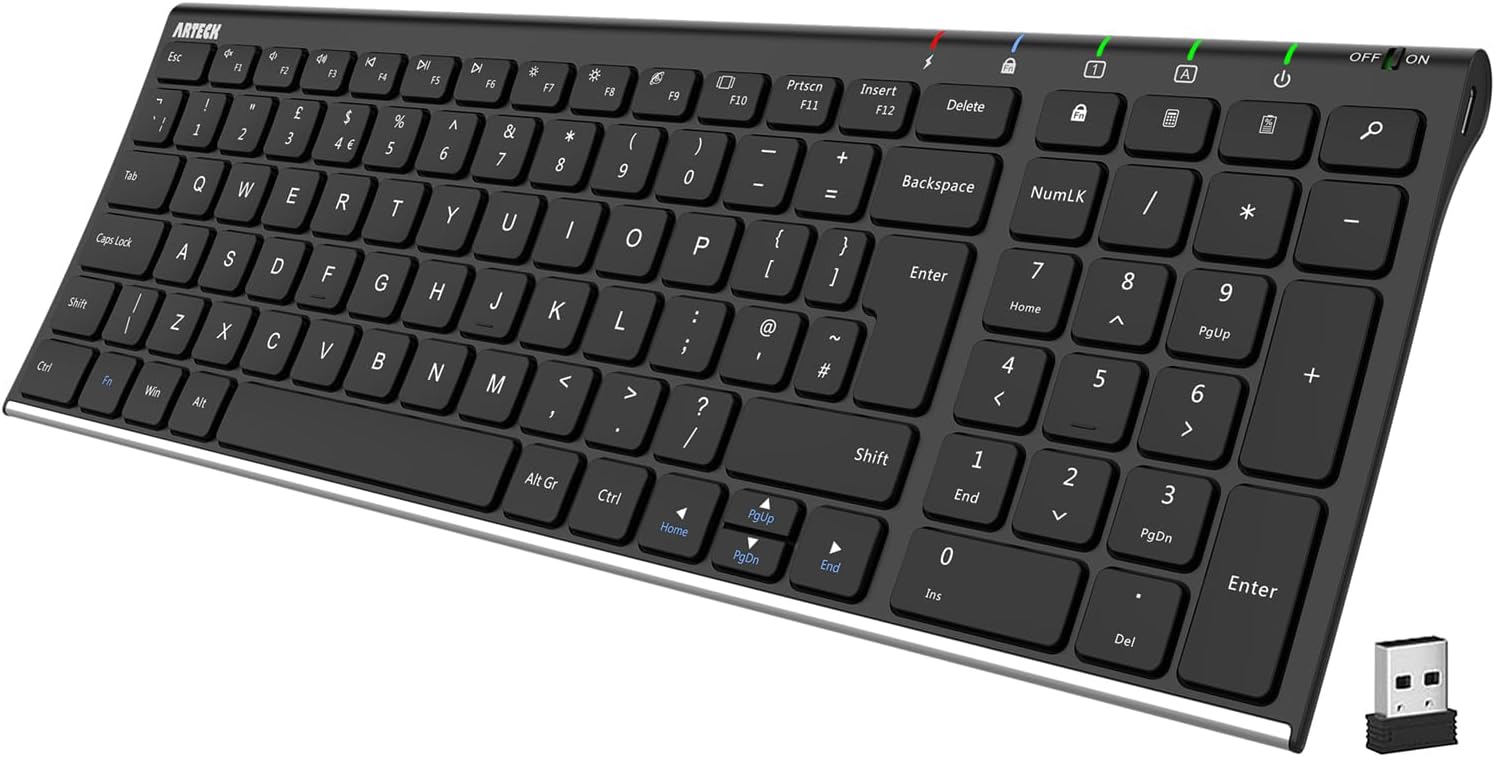 Arteck 2.4G Wireless Keyboard Stainless Steel Ultra Slim UK Layout ...