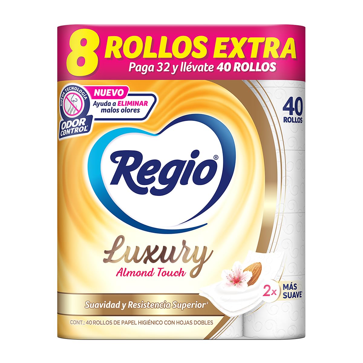 Regio Papel Higiénico Luxury Almond Touch 32 rollos + 8 rollos de ...