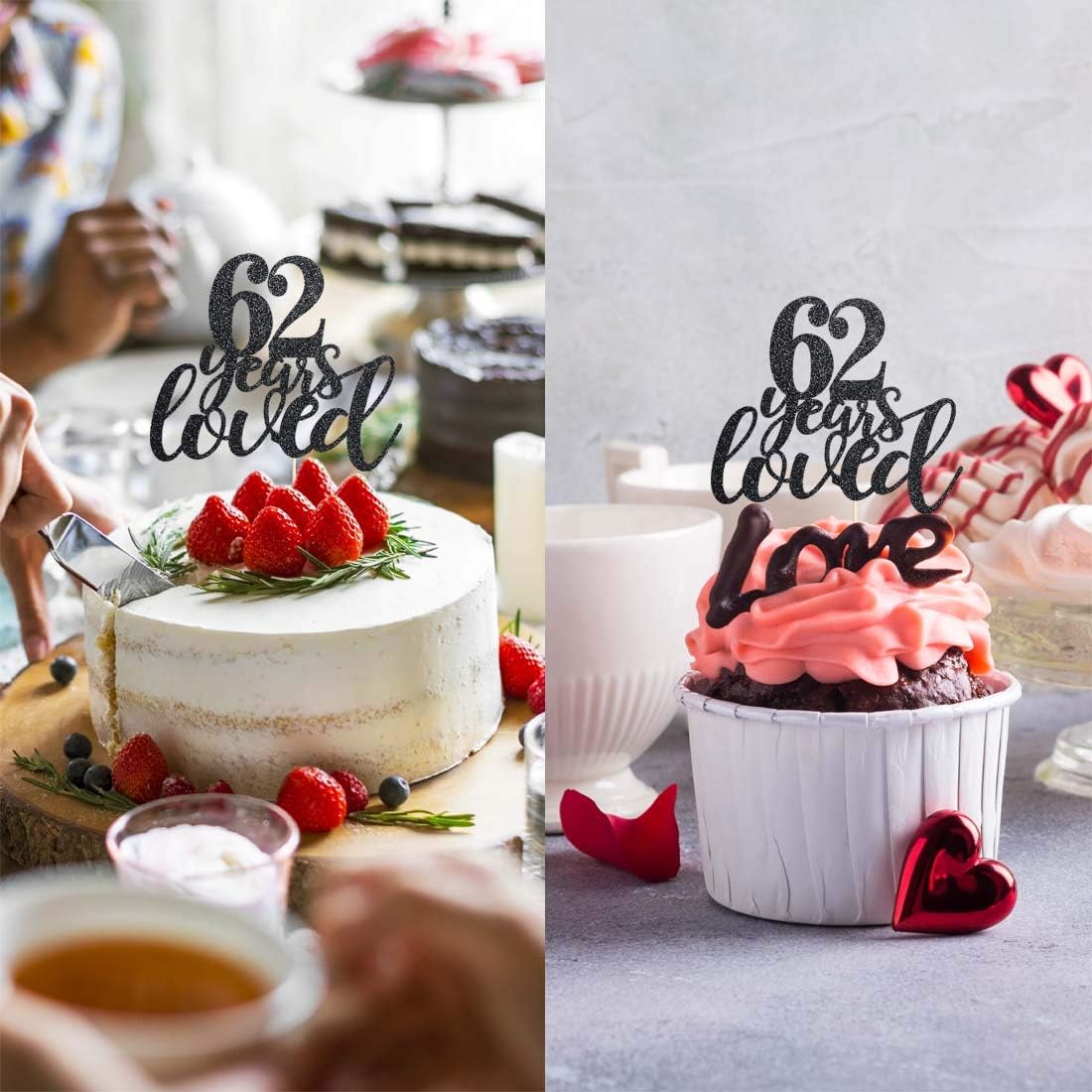 Buy 62 Black Glitter Happy 62nd Birthday Cake Topper, Cheers to 62 ...