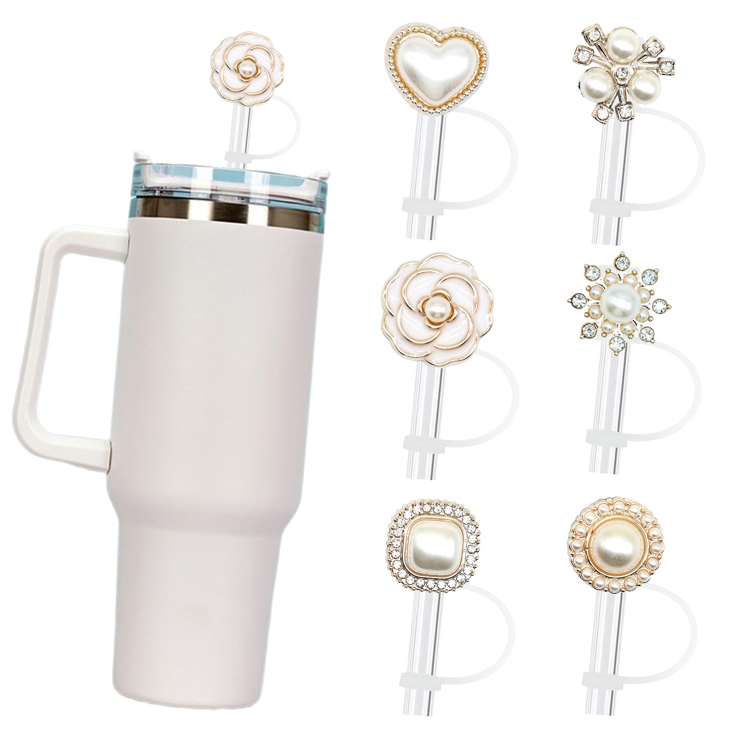 Amazon.com: 6Pcs Straw Cover Cap for Stanley Cup, Imitation Pearls ...