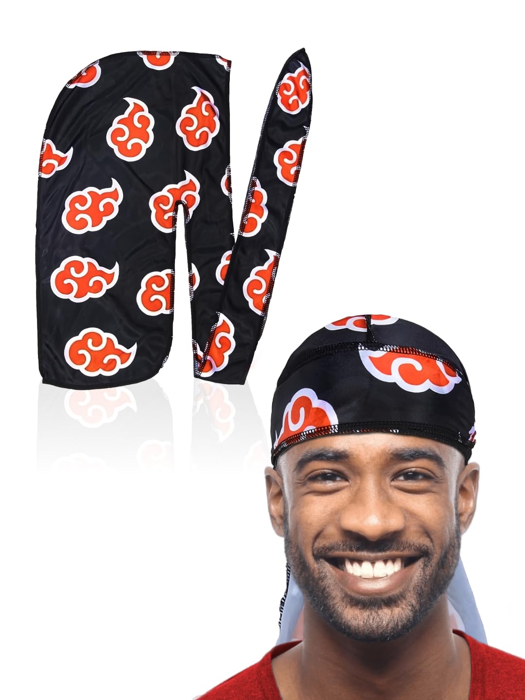 Snapklik.com : Red Clouds Silky Durag - Black Designer 360 Wave Du Rag