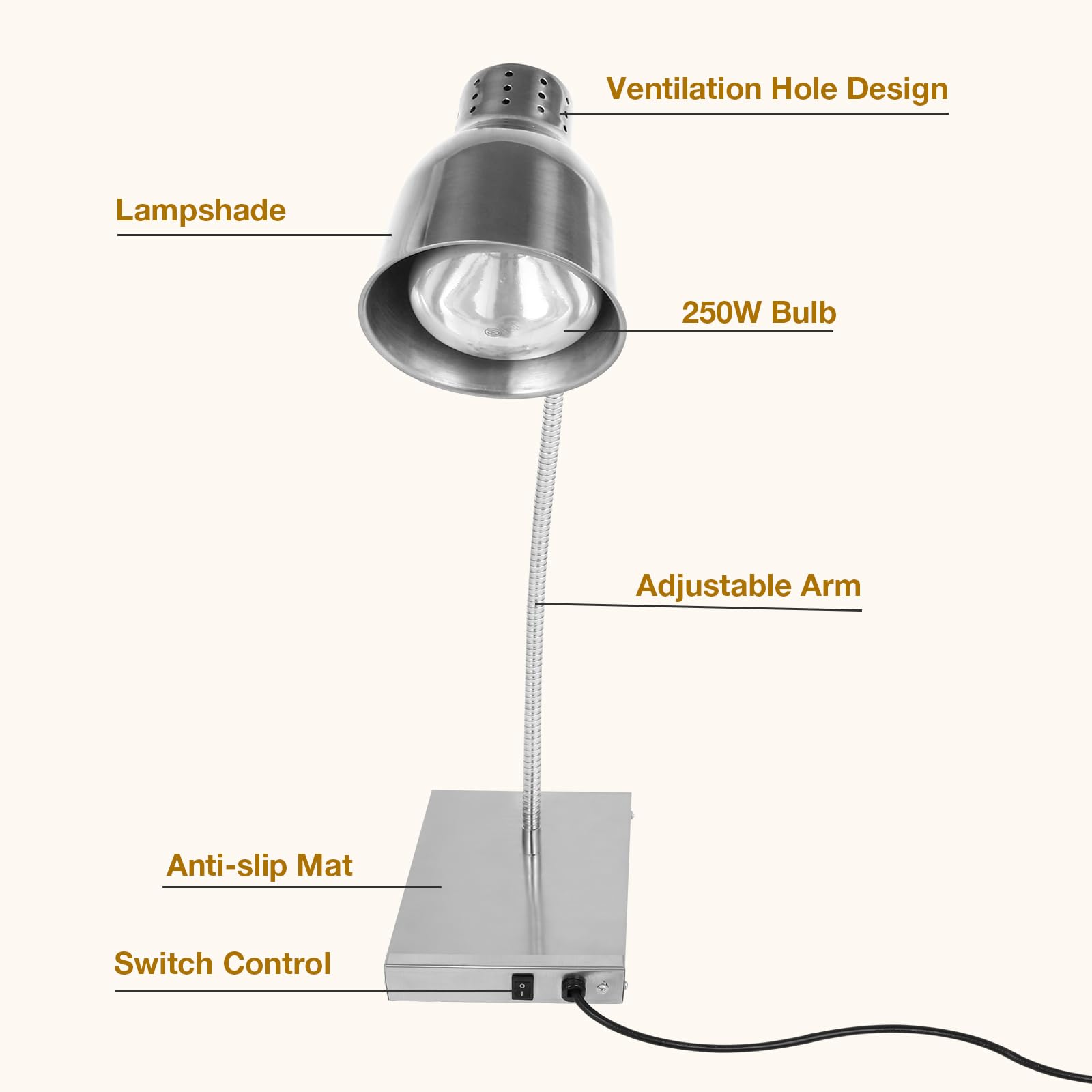 Restlrious Food Heat Lamp with 250w Bulb, Commercial Stainless Steel ...
