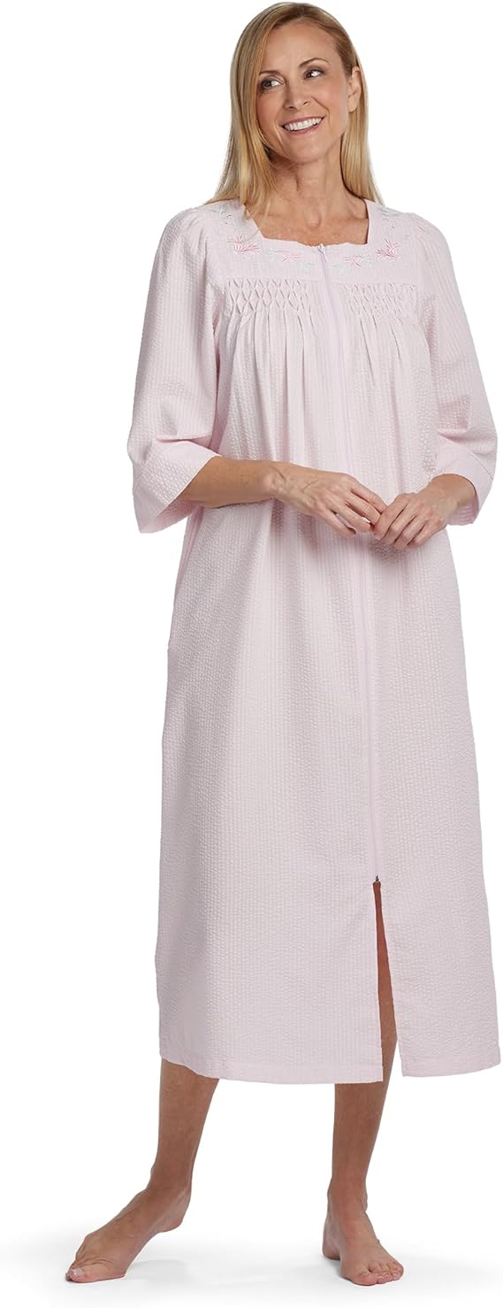 Amazon.com: Miss Elaine Women's Long Seersucker Robe, Front Zipper, 3/4 ...