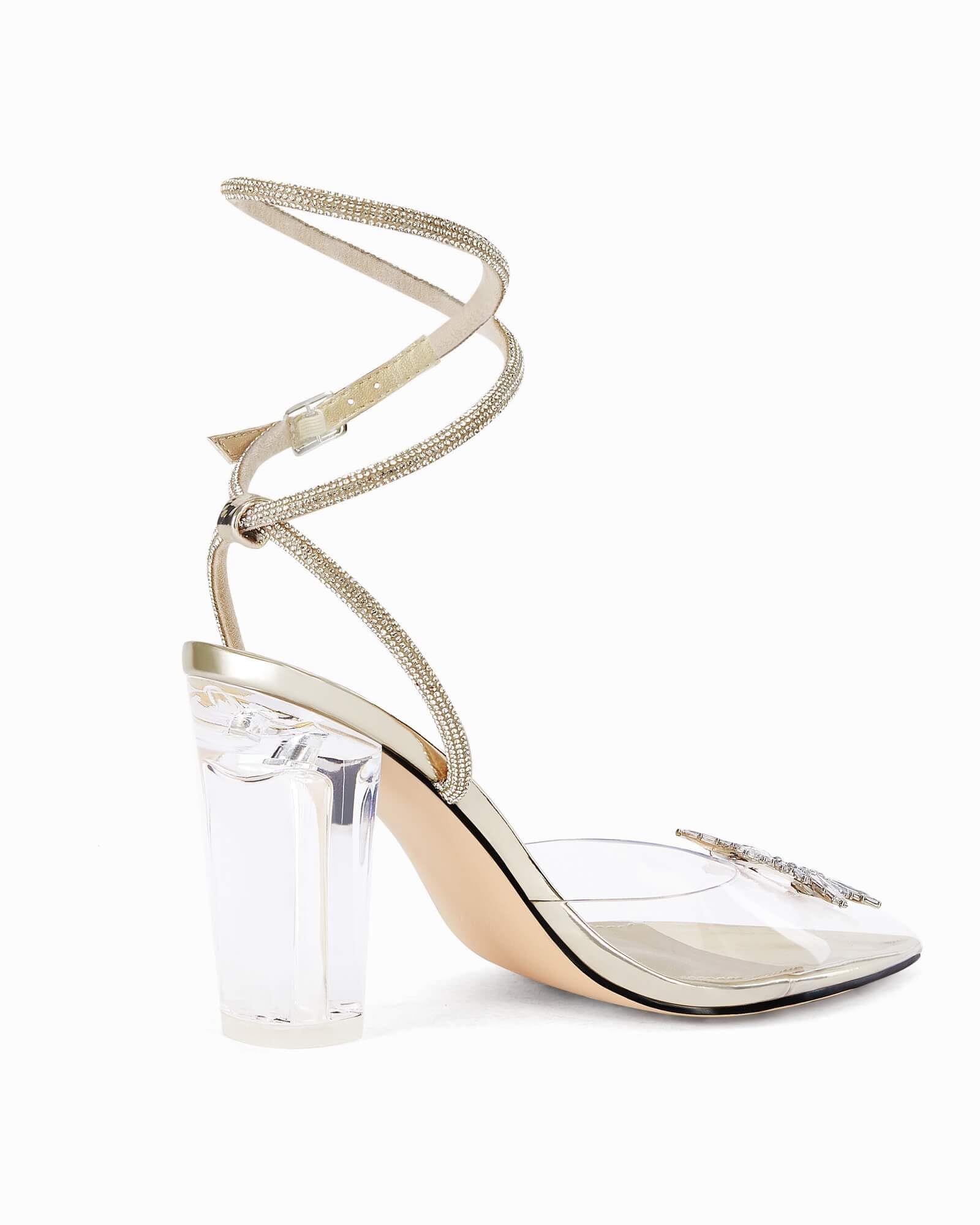 Coutgo Womens Rhinestone Clear Heels Crystal Pointed Toe Chunky High ...