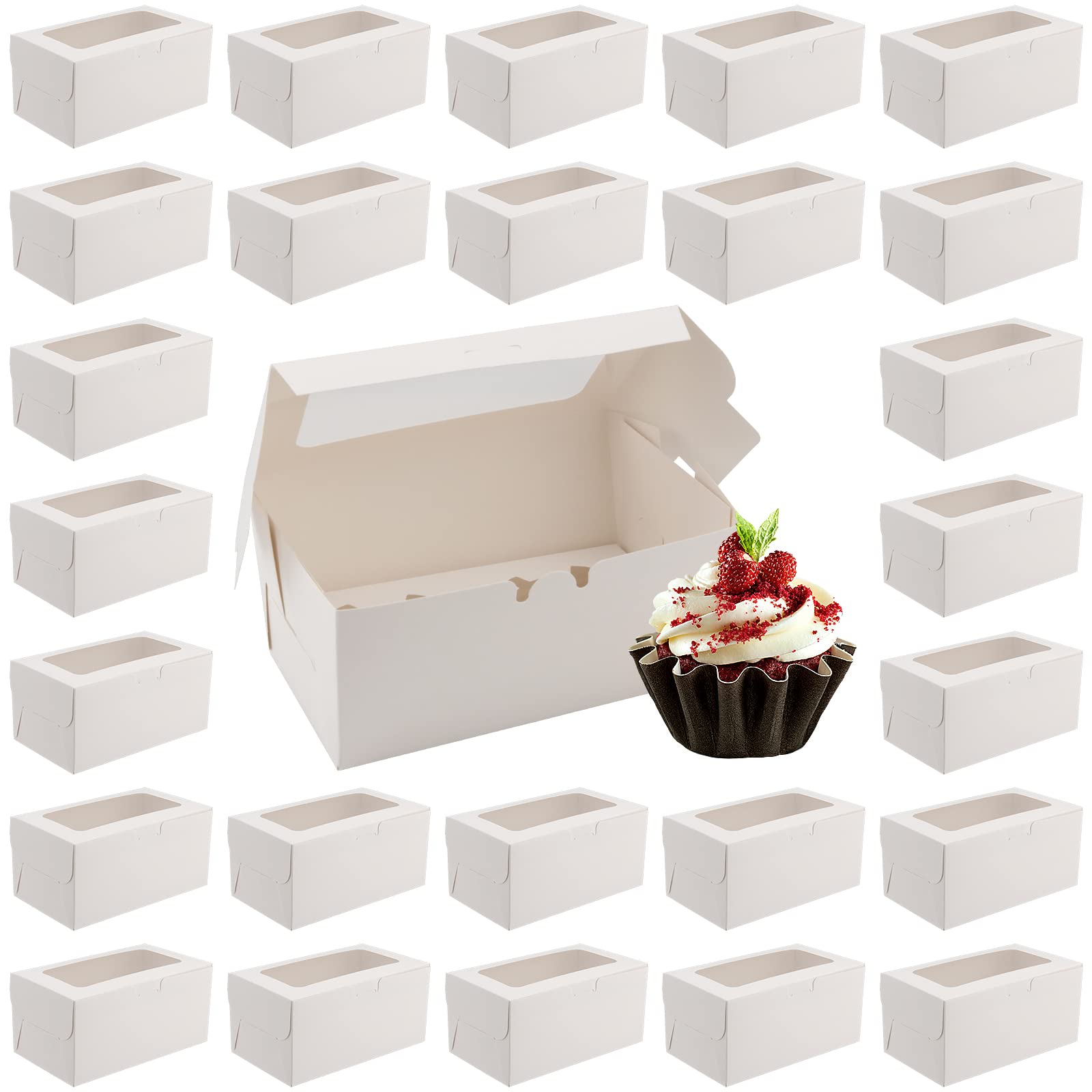 ZEONHEI 50 Pack 2 Hole Cupcake Boxes with Window, White Cardboard ...
