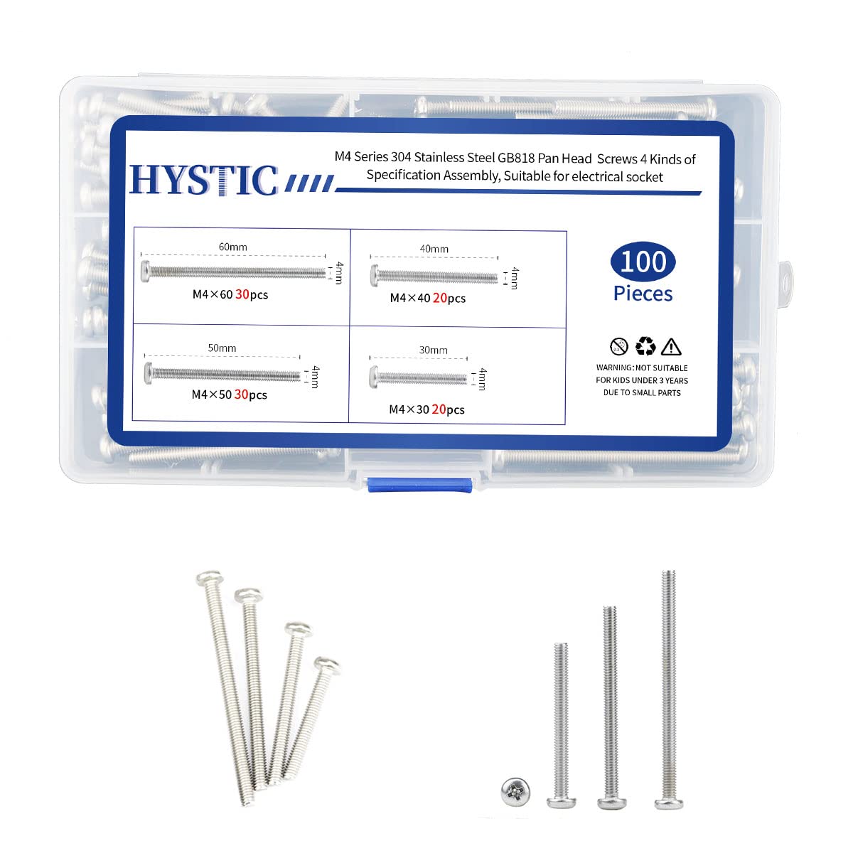 HYSTIC 100Pcs M4 Series 304 Stainless Steel Pan Head Screws 4 Kinds of Specification Assembly ...