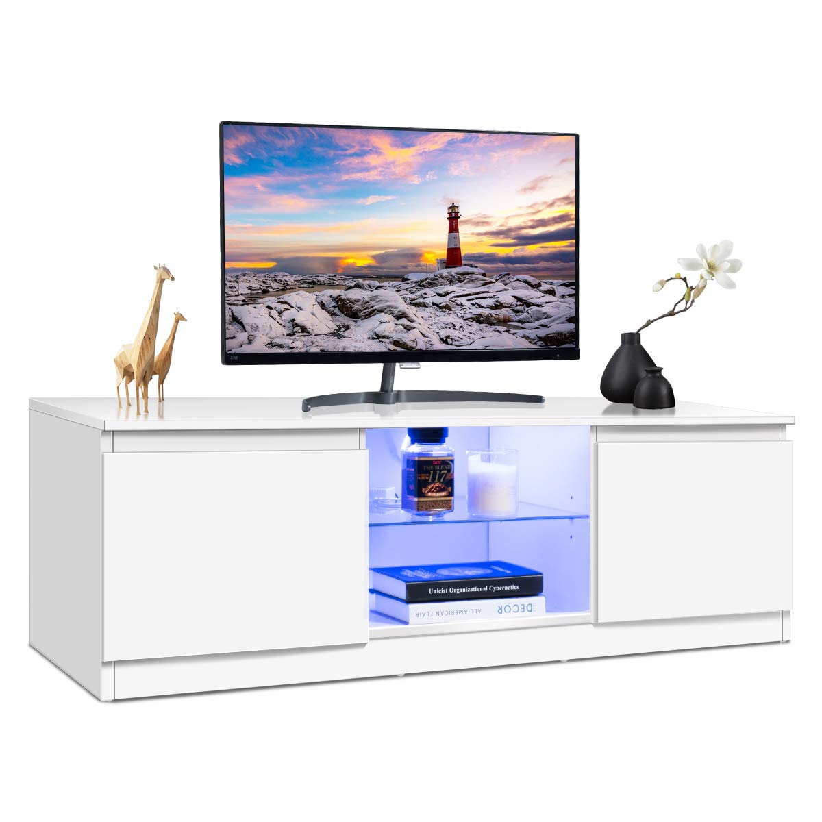 Modern TV Stand with LED Lights, High Gloss Media Console Storage ...