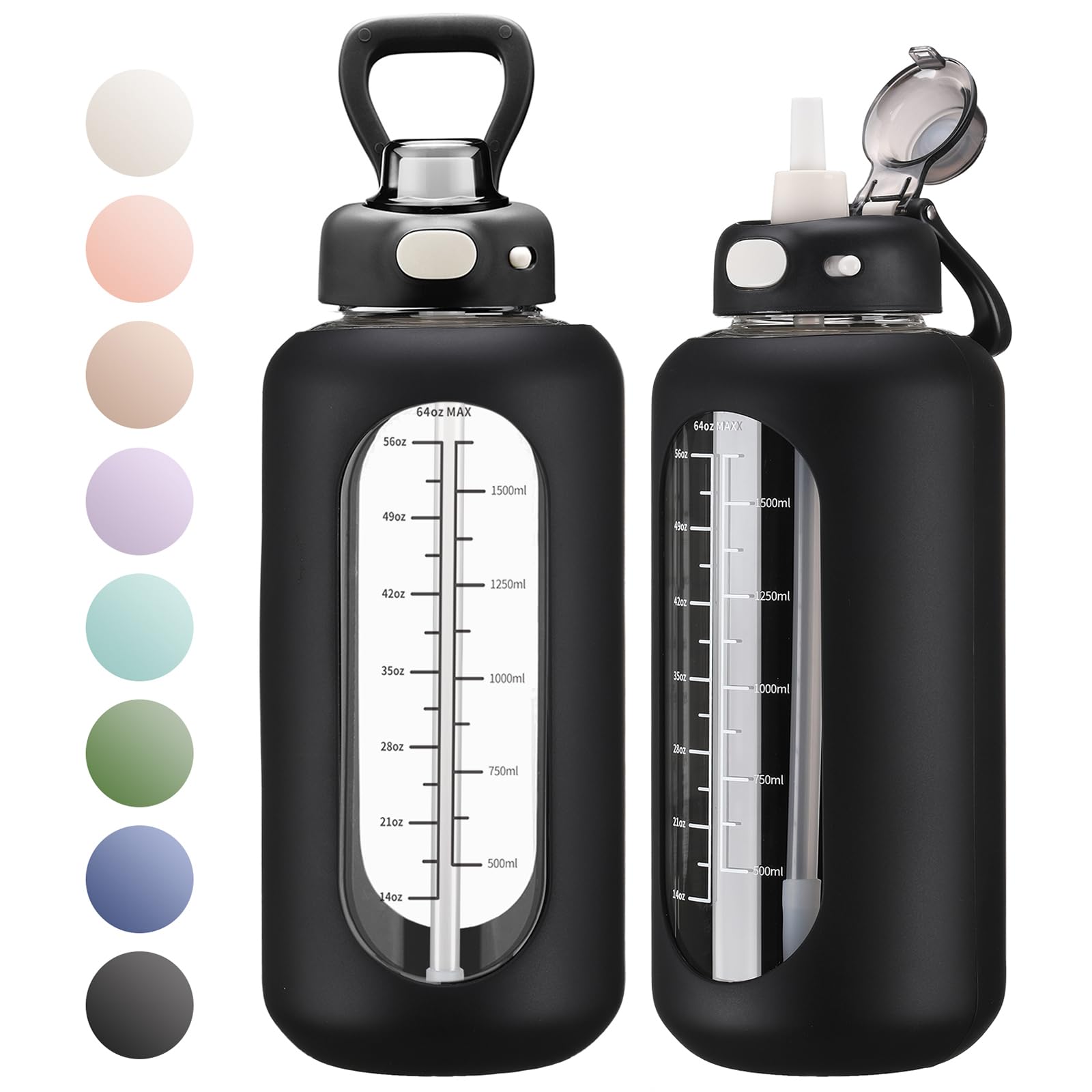 Amazon.com: SIEROZUR 64 oz Borosilicate Glass Water Bottle with Straw, Motivational Sports ...