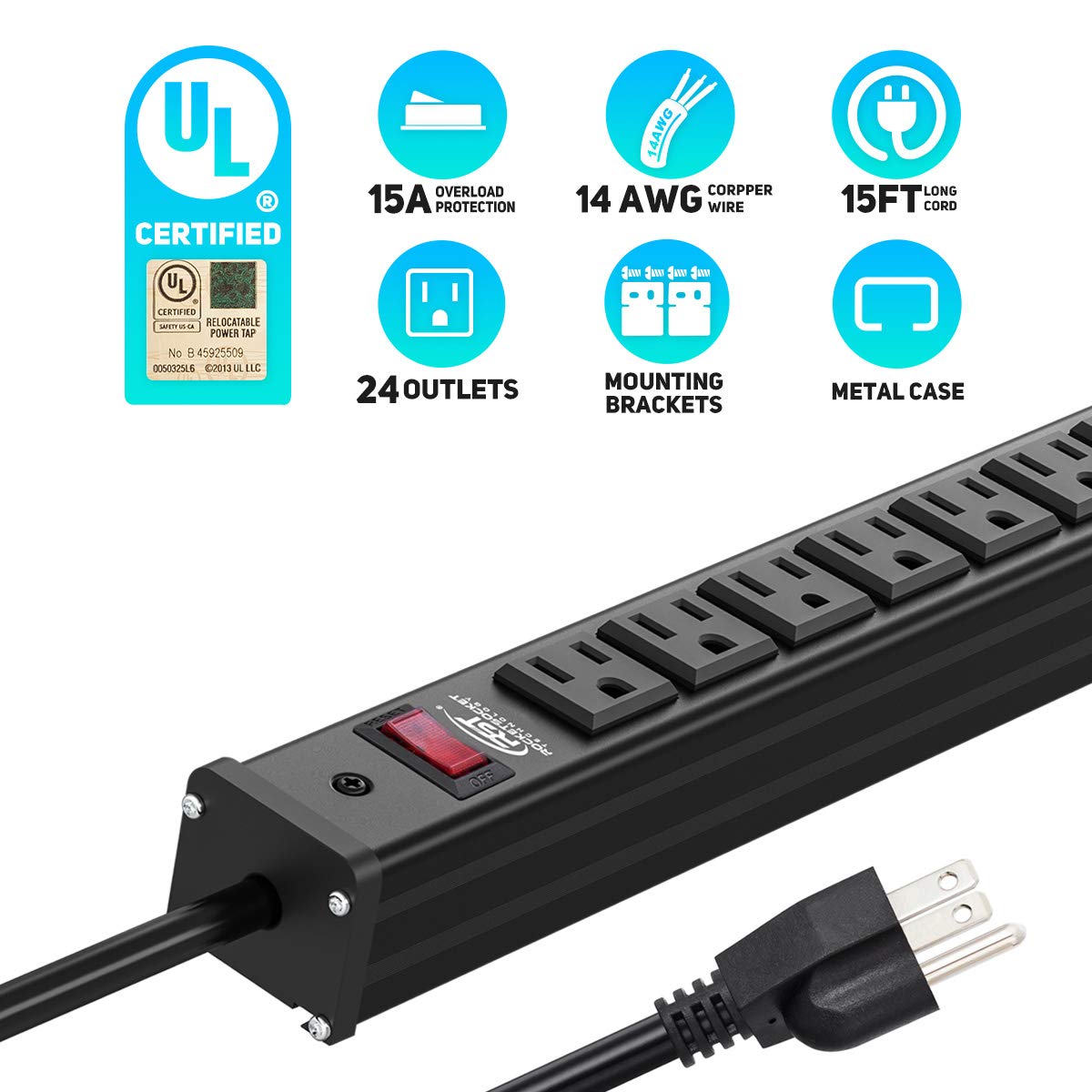 CRST Heavy Duty Power Strip with Long Cord 15 Feet Metal Extension 24 ...
