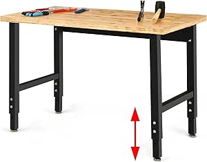 ERGOMASTER 48” Adjustable Work Bench, Heavy Duty Workbench for Garage, Bamboo Top Work Table ...