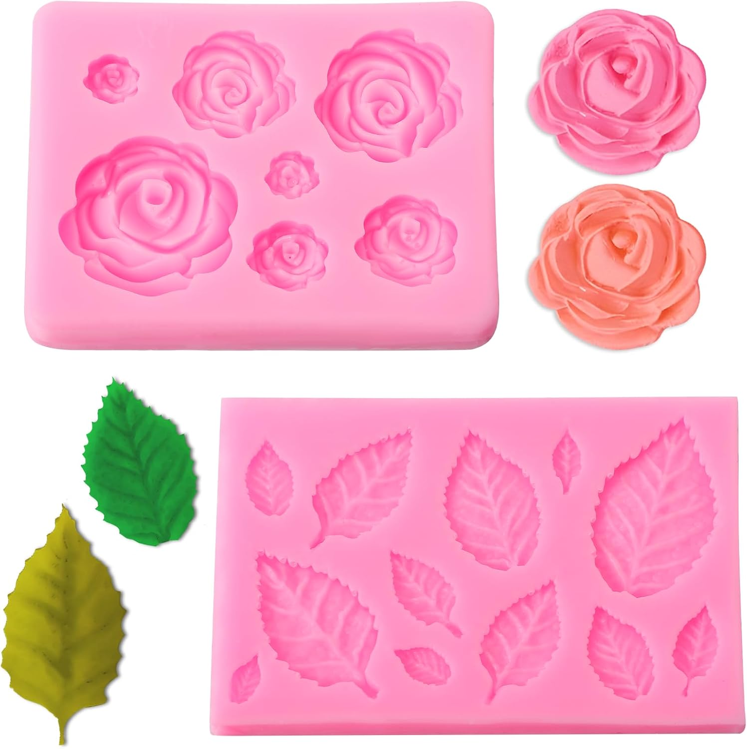 Amazon.com: 2 Pcs Rose Flower and Leaves Silicone Mold, Roses ...