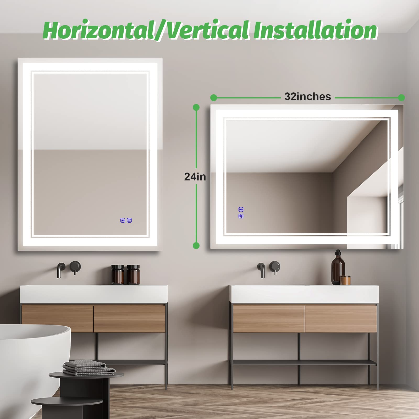 32x24 Inch Led Mirror for Bathroom Front Lighted Vanity Mirror with 3 ...