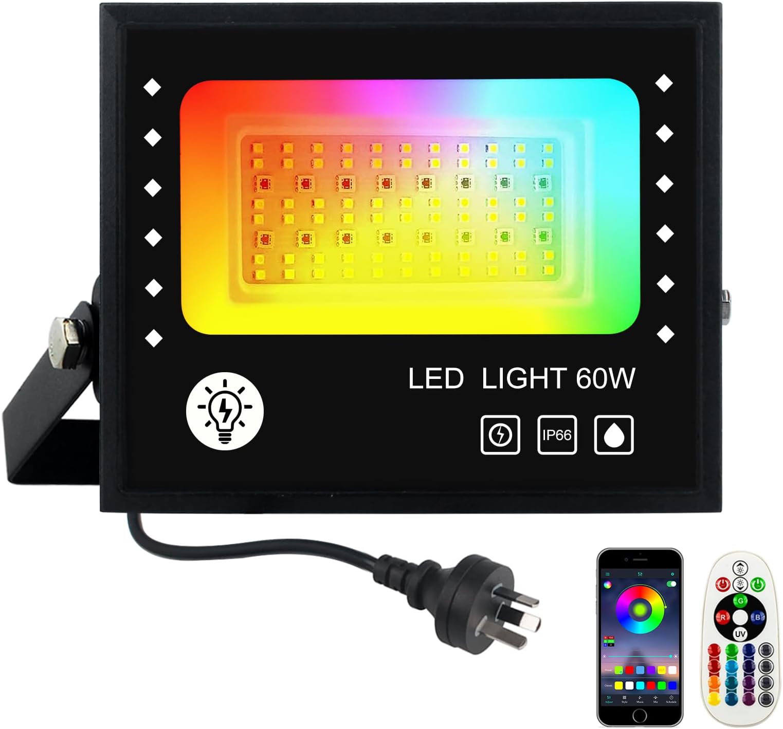 BOSITE 60W RGB +White/Warm Floodlight, Waterproof IP66 LED Flood Light, Smart Dimmable Outdoor ...