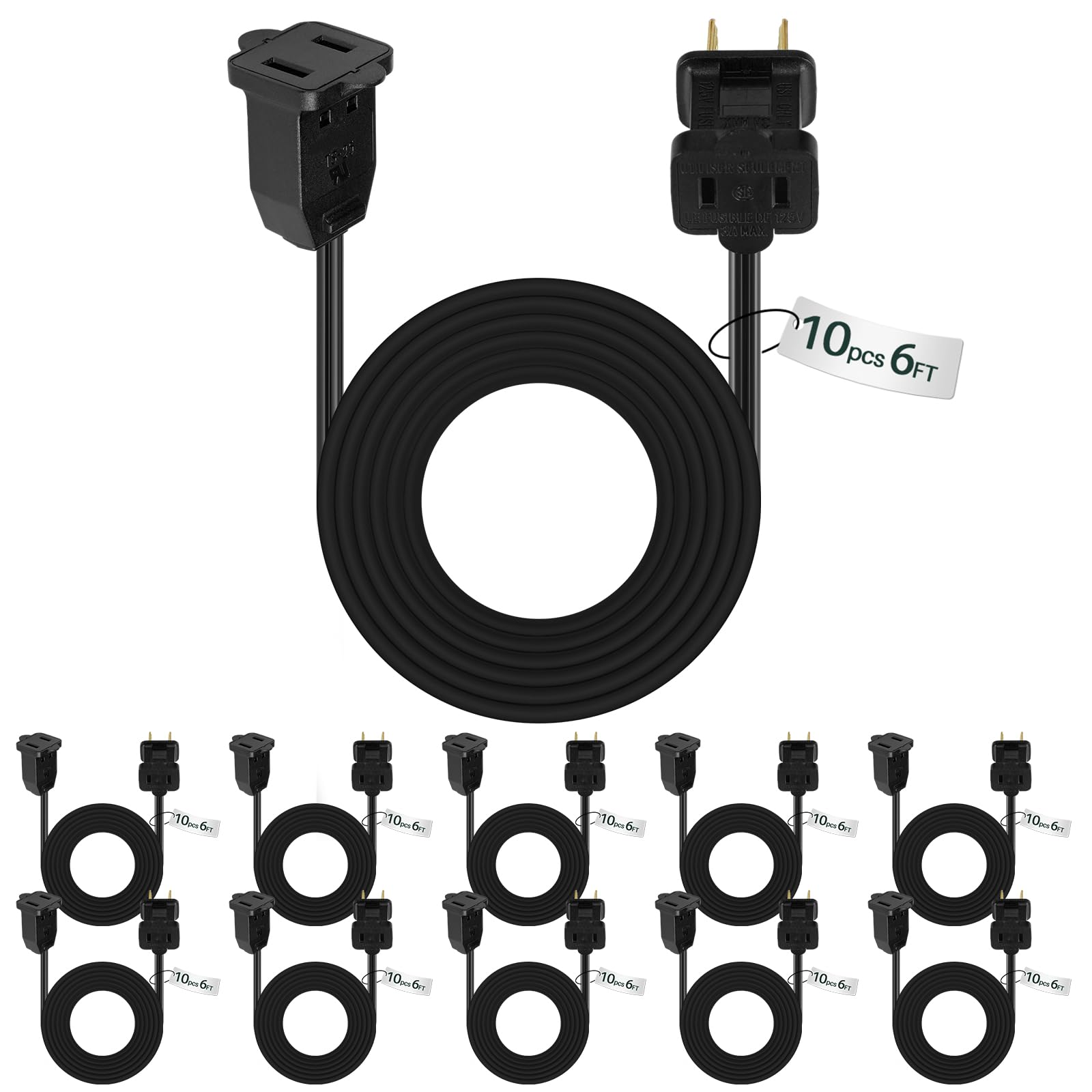 Snapklik.com : 10 Pack 6 Ft Black UL Indoor Extension Cord 2 Prong ...
