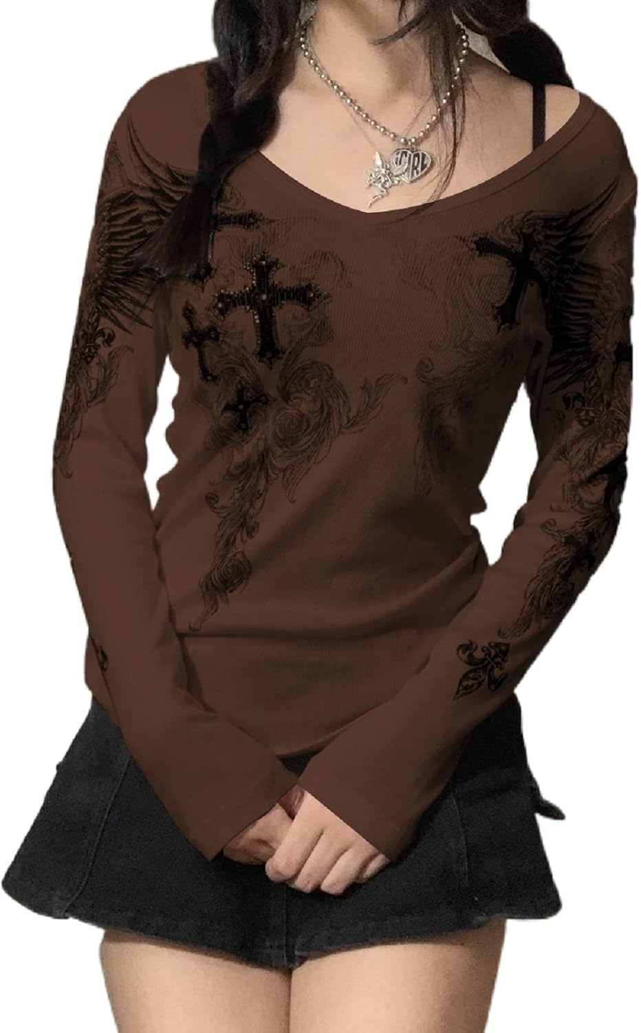 Women Y2K Long Sleeve Patchwork Lace Square Neck Crop Top Tshirt Slim ...